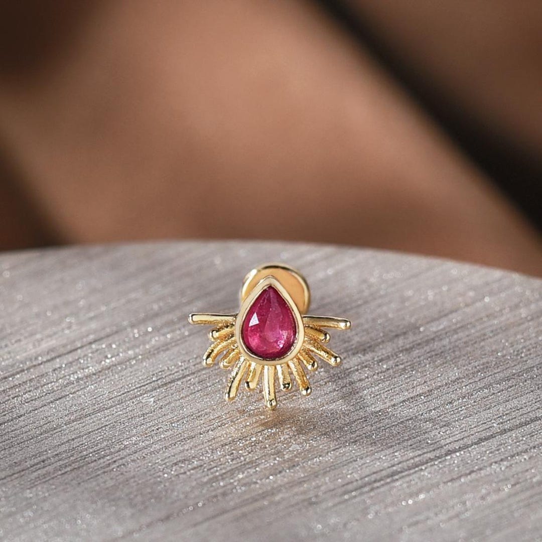 14K Gold Tsavorite Ruby Drop Push Pin Labret, Flat Back Earring - Etsy