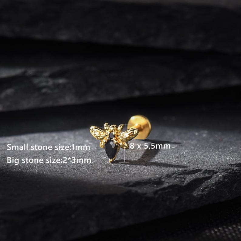 18G Black Stone Bee Labret, Sterling Silver Helix Tragus Stud - Etsy