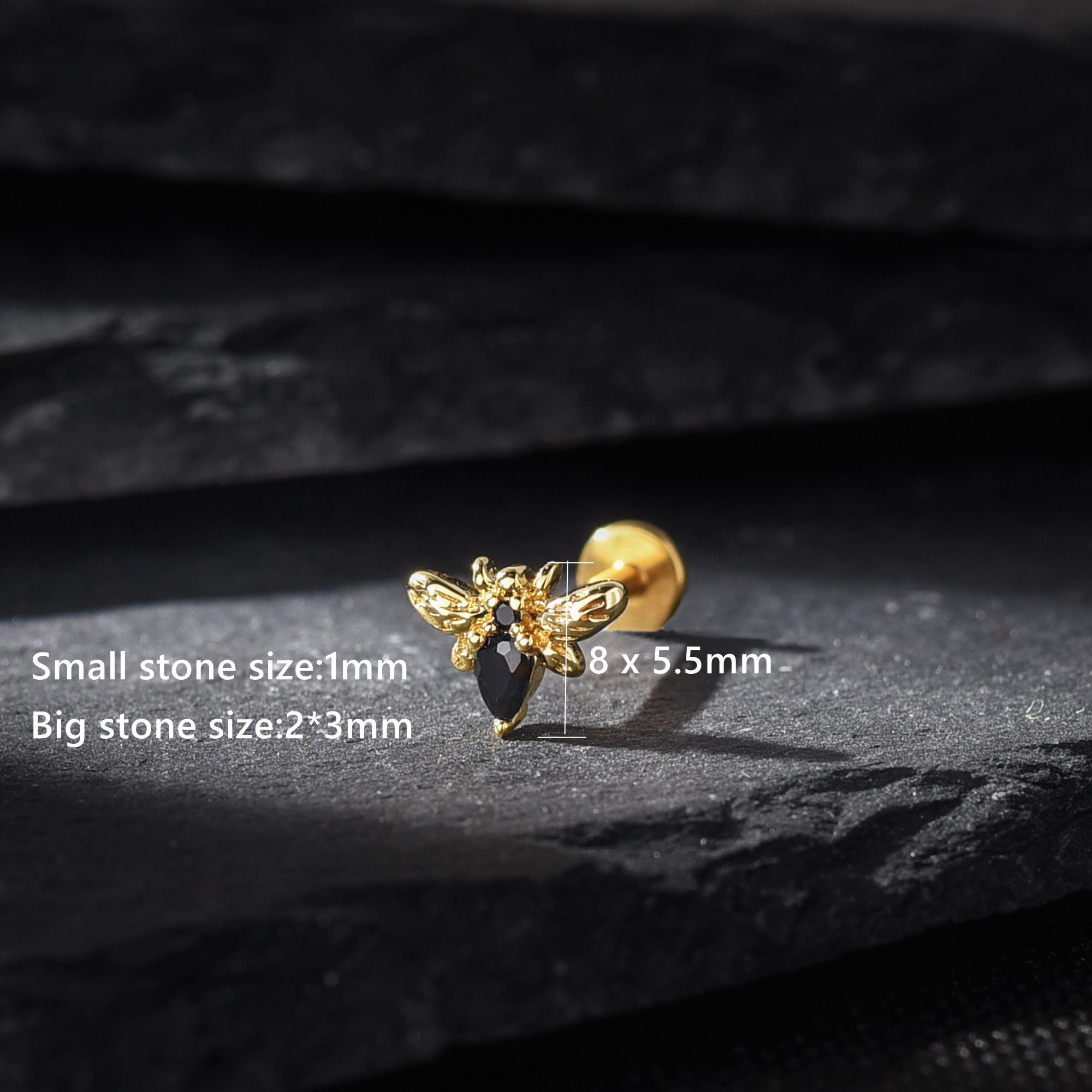 18G Black Stone Bee Labret, Sterling Silver Helix Tragus Stud - Etsy