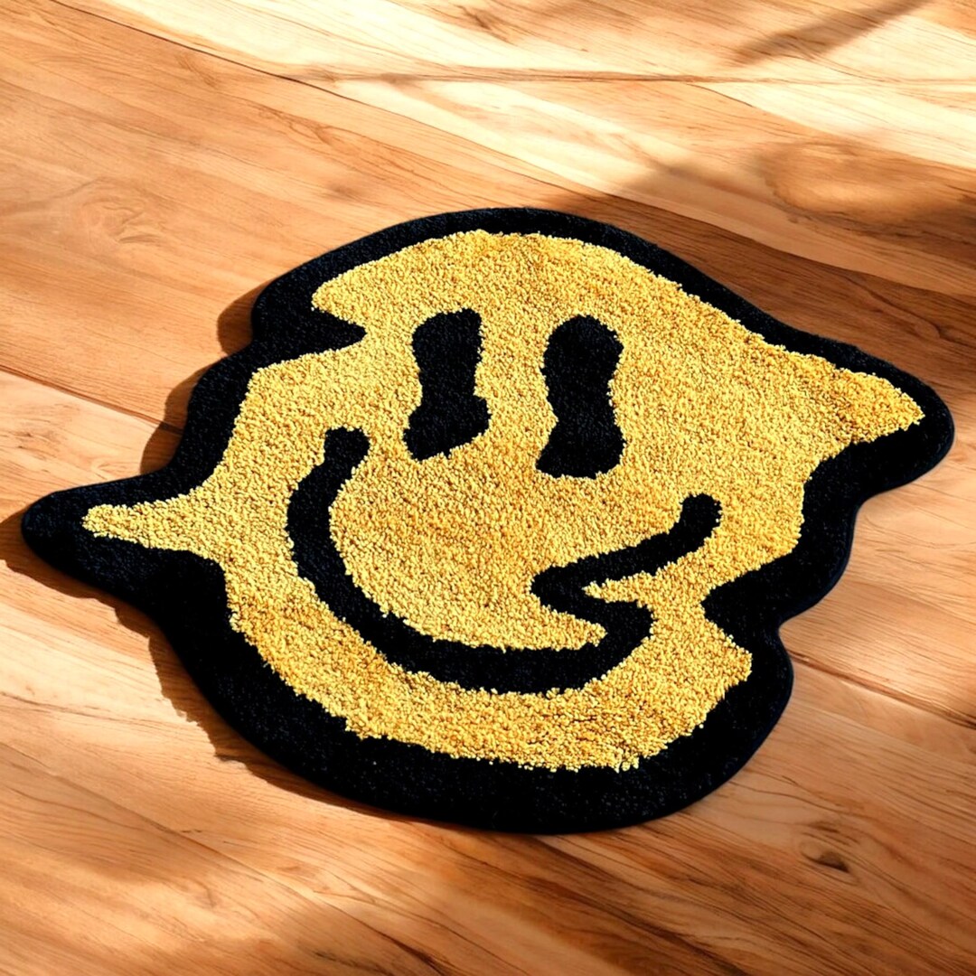 Large Yellow Trippy Smiley Face Tufted Rug Bedroom Rug, Bathroom Rug ...