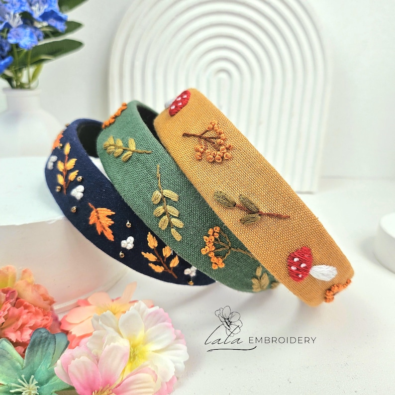 Hand Embroidered Linen Headband: Maple Leaf & Mushroom Autumn Hair ...