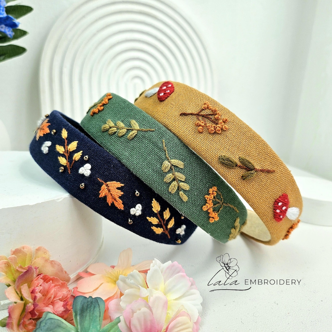 Hand Embroidered Linen Headband: Maple Leaf & Mushroom Autumn Hair ...