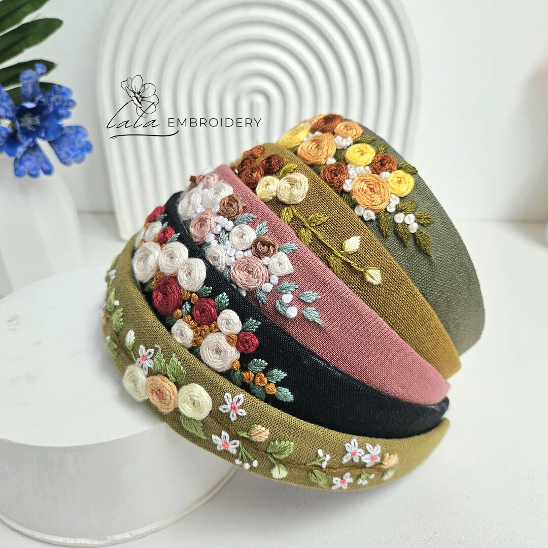 Hand Embroidered Linen Headband, Custom Floral Hair Accessory - Etsy