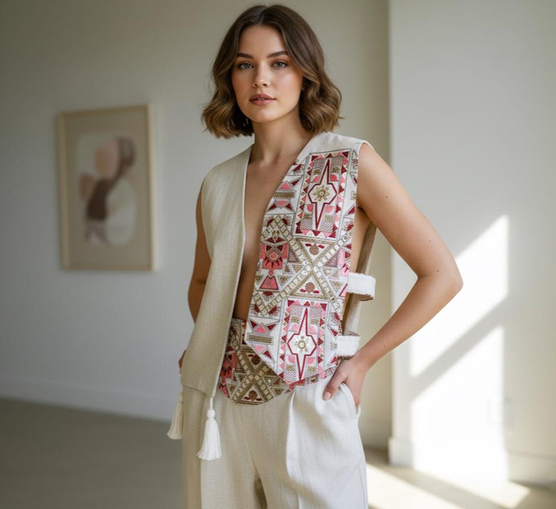 Linen Vest and Harem Pants Set: Persian Embroidery, Mirrorwork - Nomad ...