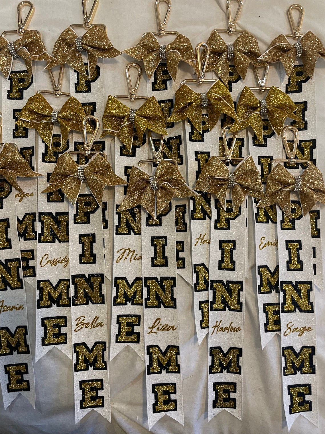 Pin Me Ribbons, Pin Me Bows, Pin Me Bag Tags, Cheer Gifts, Cheer Swag, Good Luck Pins ...
