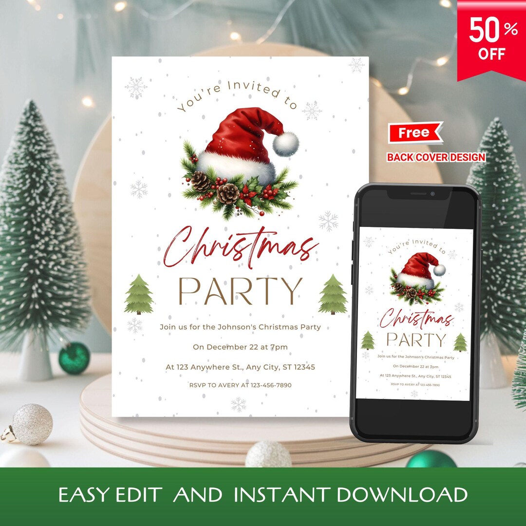 Editable Christmas Party Invitation, Santa Hat Party, Holiday Dinner ...