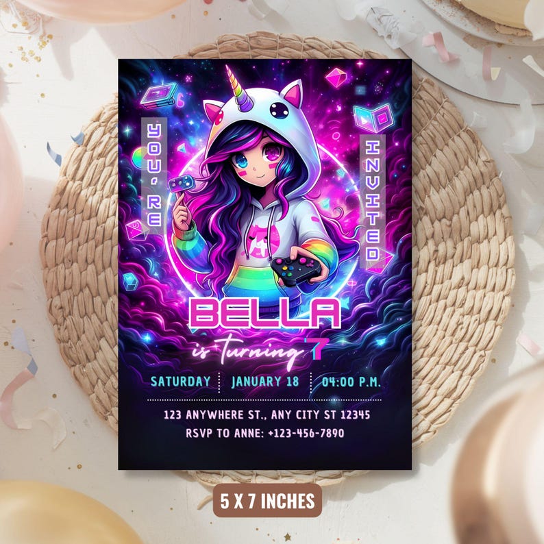 Aphmau Birthday Invitation: Girl Gamer Party, 7th Birthday (digital ...