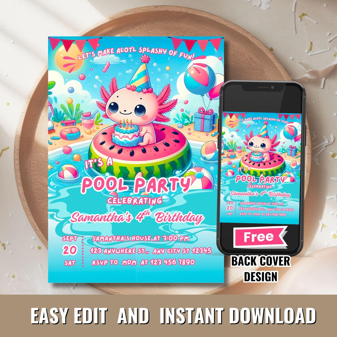 Pink Axolotl Pool Party Invitation: Editable Birthday Invite (digital ...
