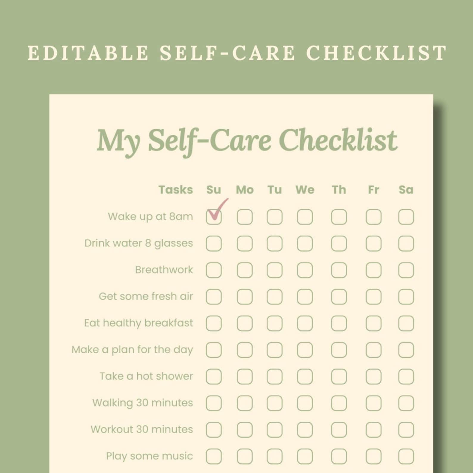 Editable Self-care Checklist Template Mental Health Planner Canva ...