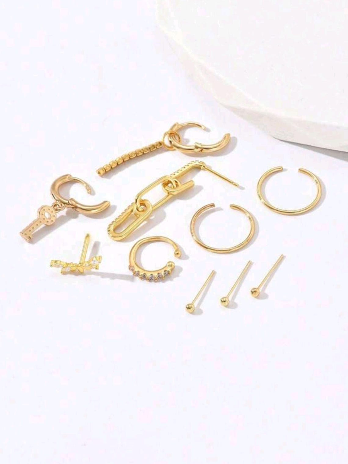 Gold Hoop Earrings Set, Gold Ear Cuff, Flat Back Earrings, Double ...