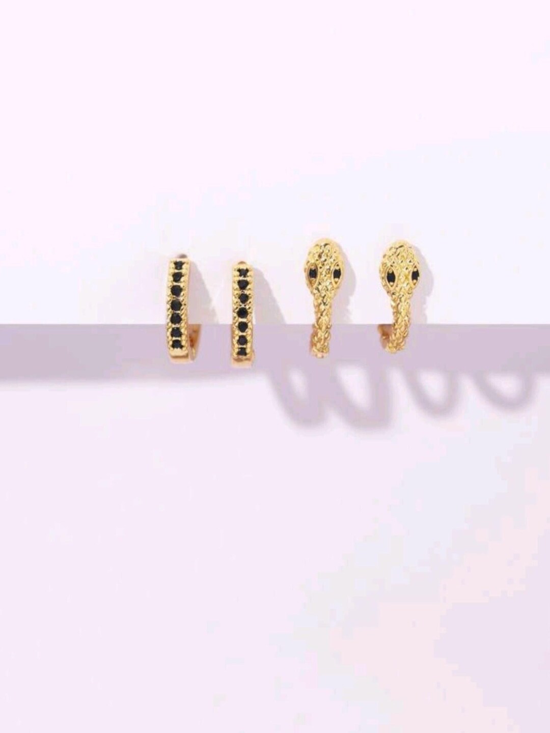 Gold Snake Hoop Huggie Earrings Set With Charm, 18k Double Piercing ...