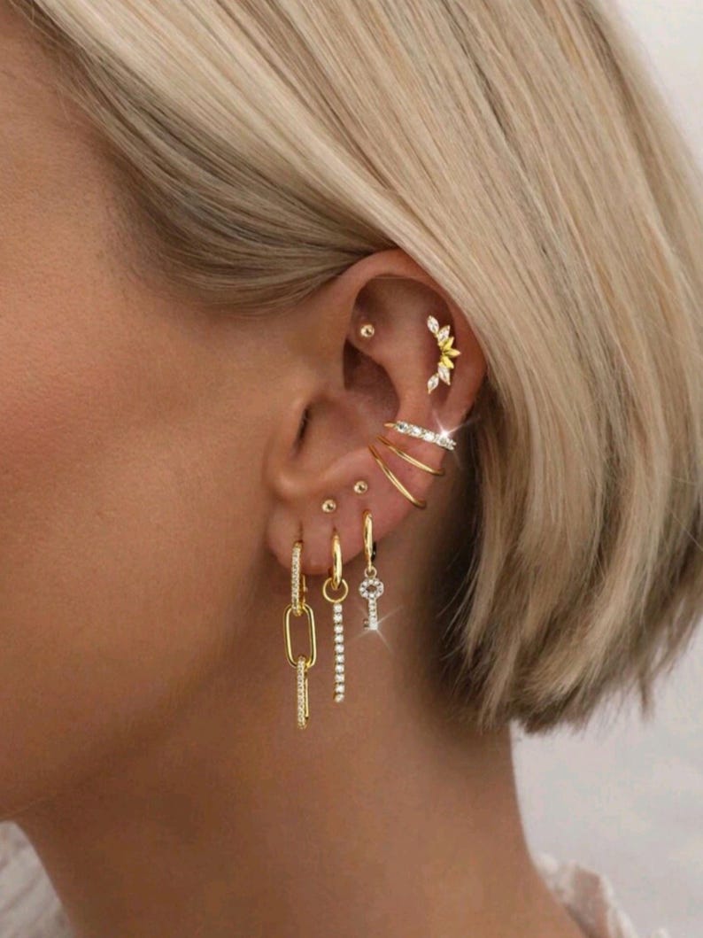 Gold Hoop Earrings Set, Gold Ear Cuff, Flat Back Earrings, Double ...