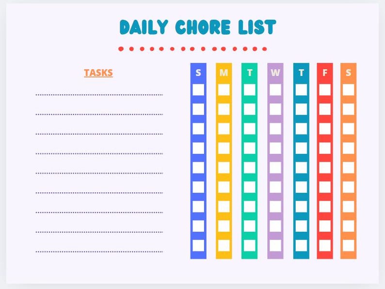 Kids Daily Chore Chart | Cleaning Checklist | Chore Chart | Colorful ...