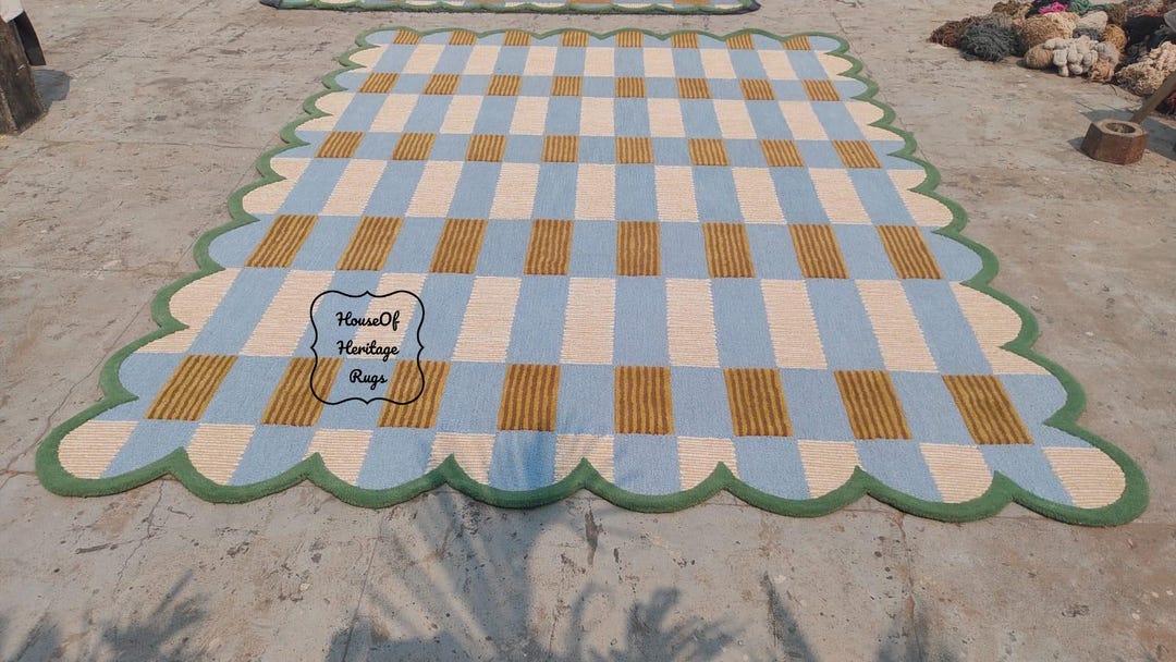 Scallop Blue-green Tufted Wool Area Rug, Entryway Rug, Modern Geometric ...