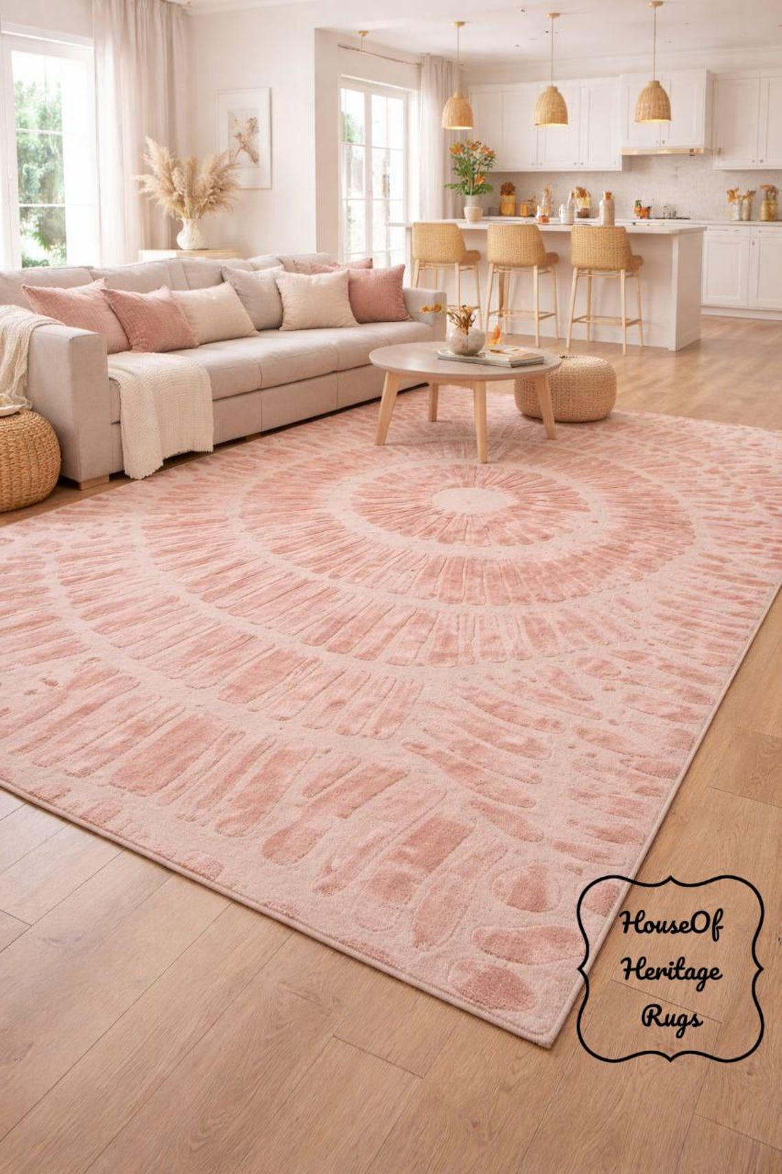 Blush Pink Sunburst Tufted Rug, Handmade Textured Abstract Wool Area ...