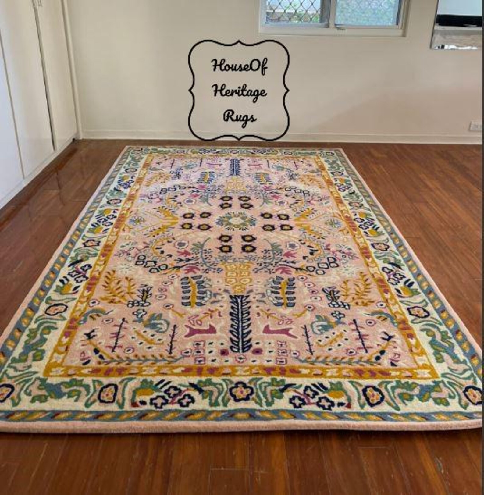 Hand Tufted Persian Pink Wool Rug, Multicolor Floral Persian Rug for ...