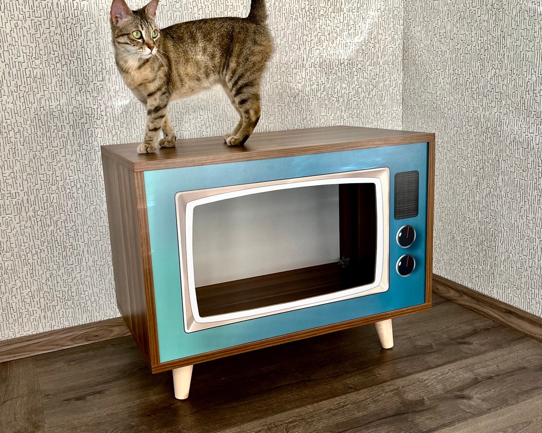 Old Tv Cat House, Wooden Cat House,cat Furniture, Wooden Pet Bed, Small ...