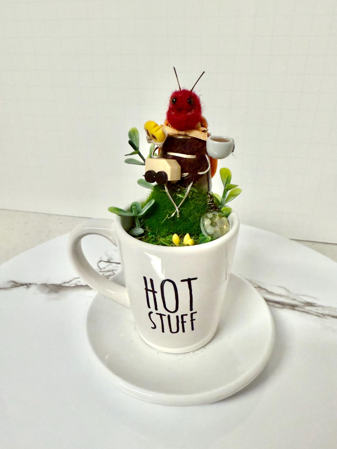 Sweet Little Red Beetle Bug Having Tea and a Cookie. Needle Felted Wool ...