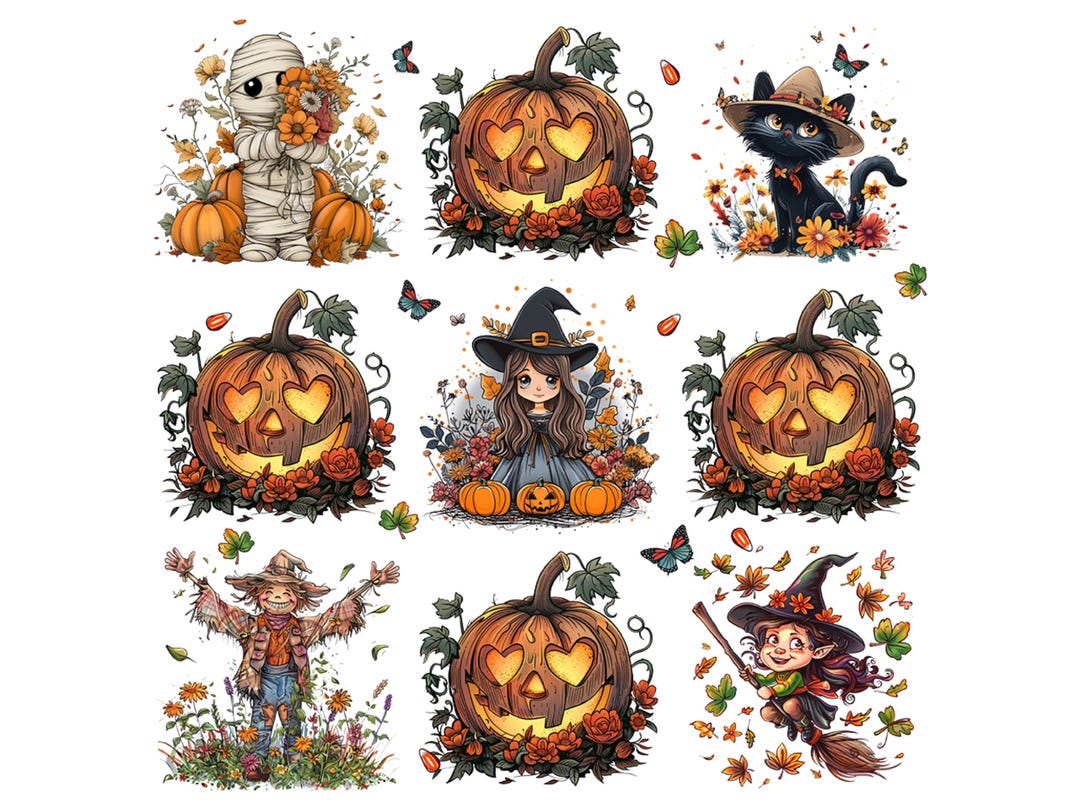 Coquette Halloween PNG, Black Cat, Mummy, Cute Witch, Scarecrow ...