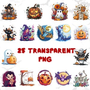 25 Halloween PNG Clipart, Cute PNG Bundle, Watercolor Halloween Clipart ...
