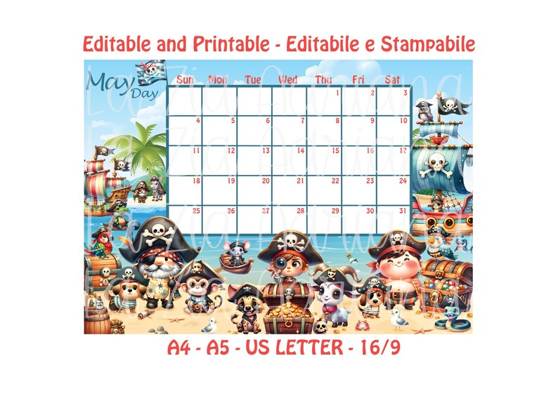 Calendar May 2025 - Editable and Printable - Cute Cartoon Pirates ...