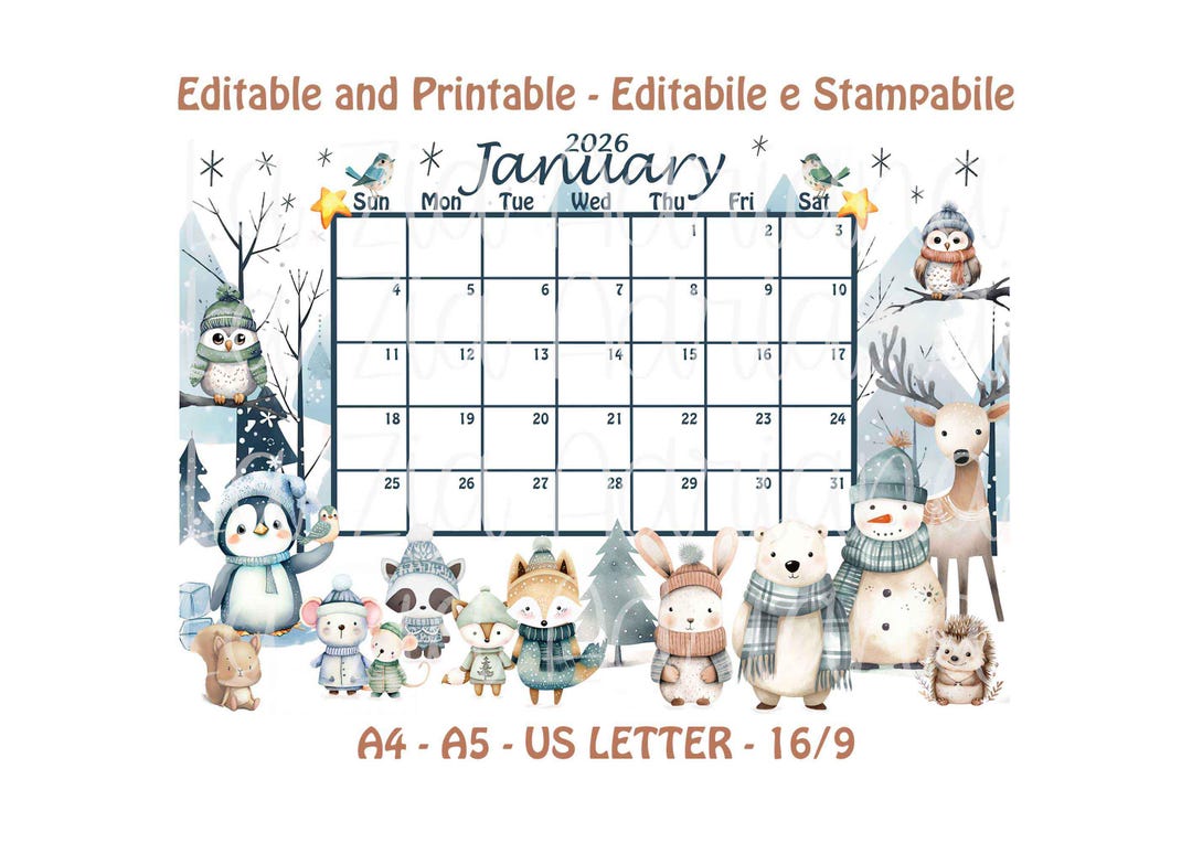 Calendar January 2026 - Editable and Printable - Cute Cartoon Woodland ...