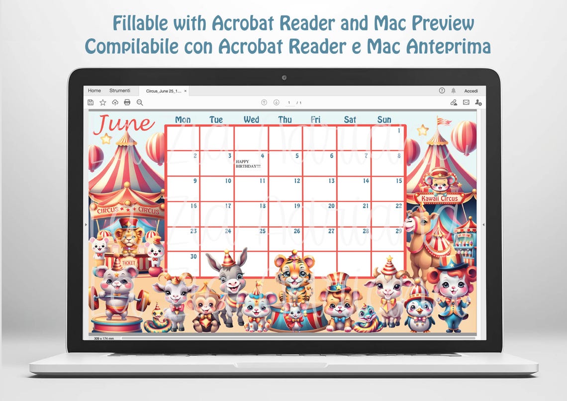 Calendar June 2025 - Editable and Printable - Cute Circus - English and ...