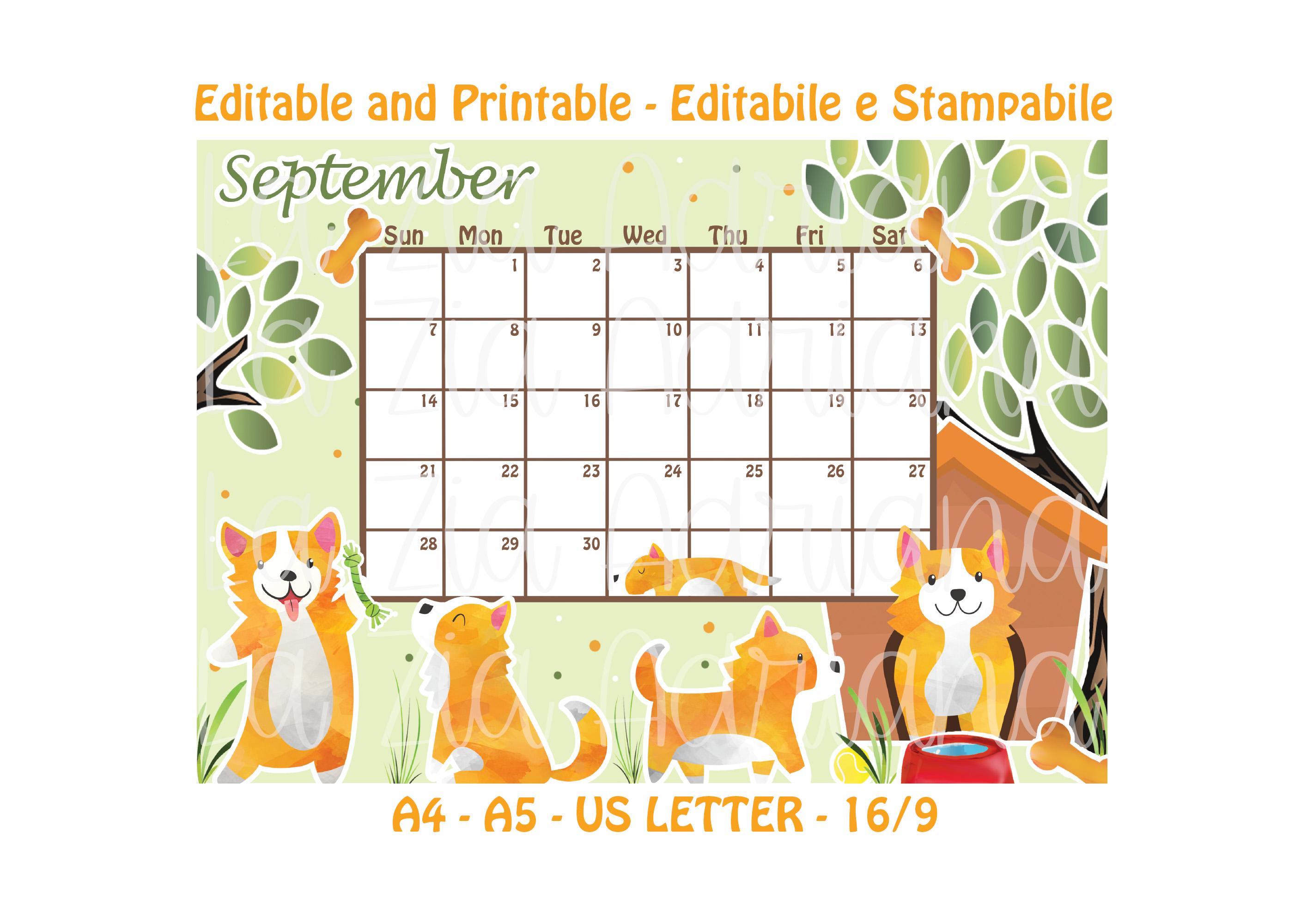 Calendar September 2025 - Editable and Printable - Cute Cartoon Corgi ...