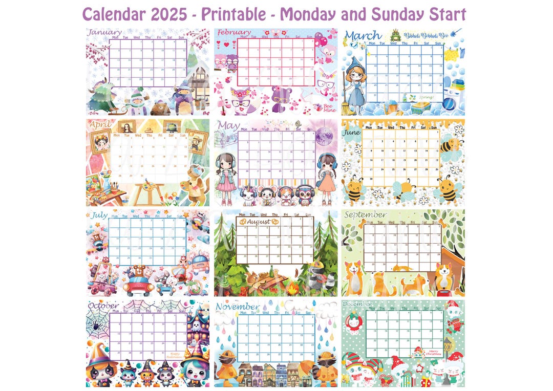 Calendar 2025 - Printable - Monday Start - Cute Funny Cartoon Images ...