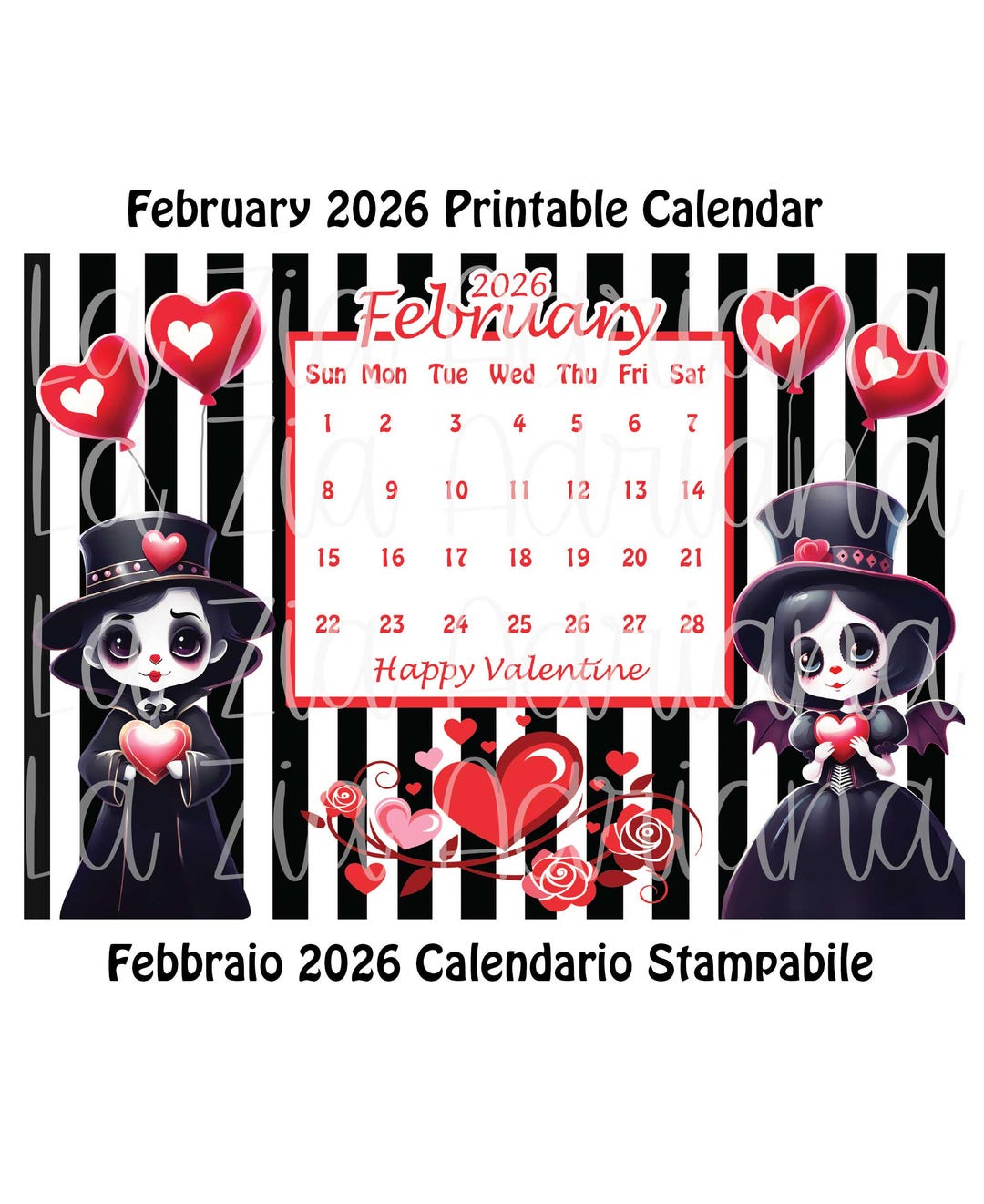 Calendar February 2026 - Printable - Cute Cartoon Gothic Valentine ...