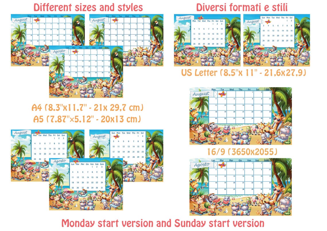 Calendar August 2025 - Editable and Printable - Cute Summer Giraffe and ...
