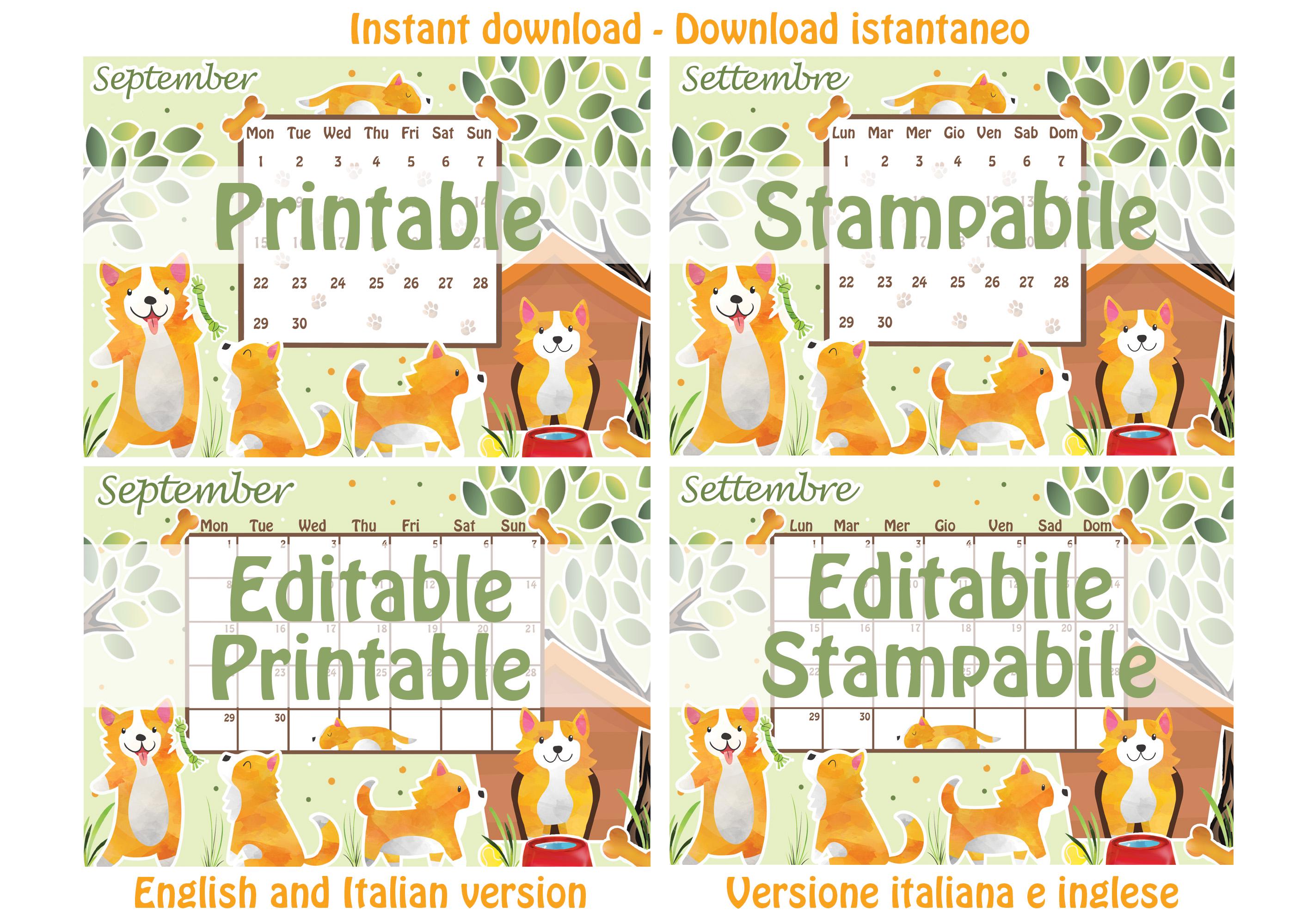 Calendar September 2025 - Editable and Printable - Cute Cartoon Corgi ...