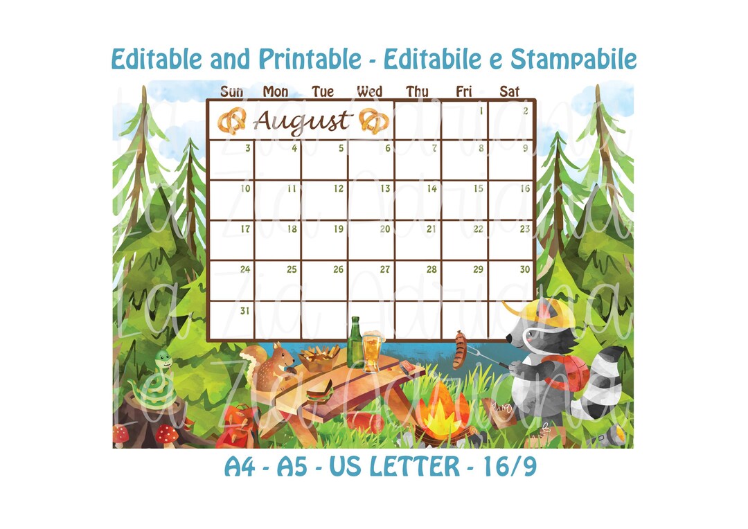 Calendar August 2025 - Editable and Printable - Cute Mountain Summer ...