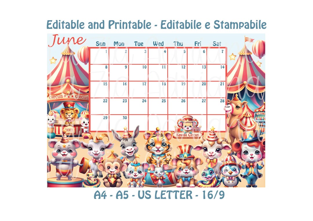 Calendar June 2025 - Editable and Printable - Cute Circus - English and ...
