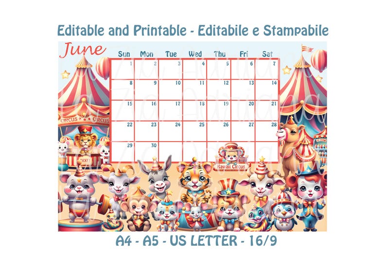 Calendar June 2025 - Editable and Printable - Cute Circus - English and ...