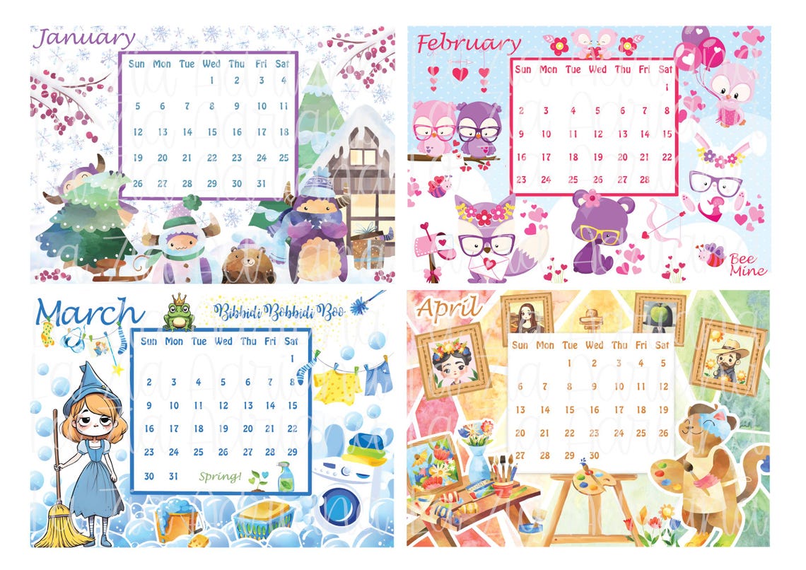 Calendar 2025 - Printable - Sunday Start - Cute Funny Cartoon Images ...