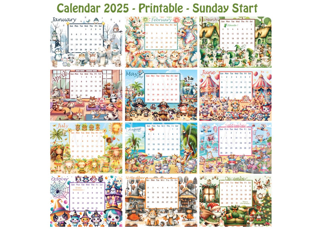 Calendar 2025 - Printable - Sunday Start - Cute Funny Cartoon Images ...