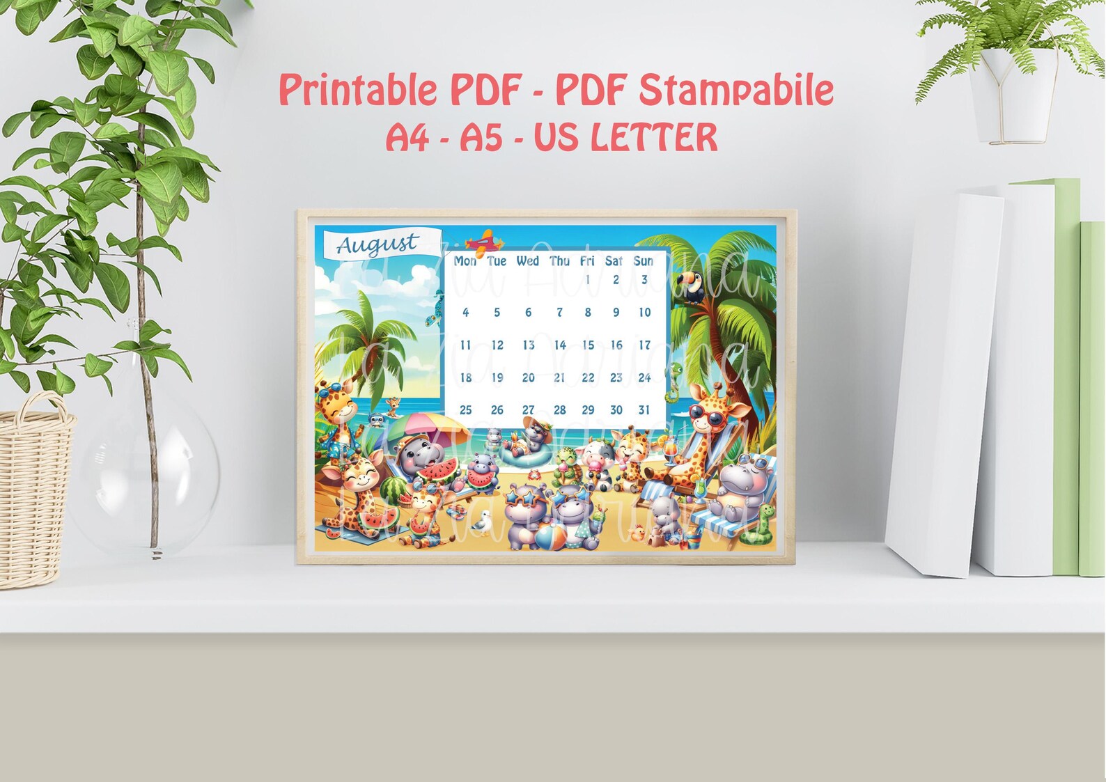 Calendar August 2025 Editable and Printable Cute Summer Giraffe and ...
