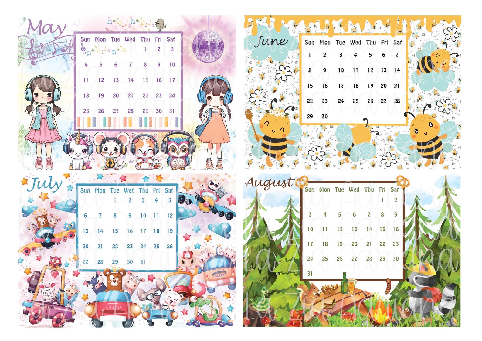 Calendar 2025 - Printable - Sunday Start - Cute Funny Cartoon Images ...