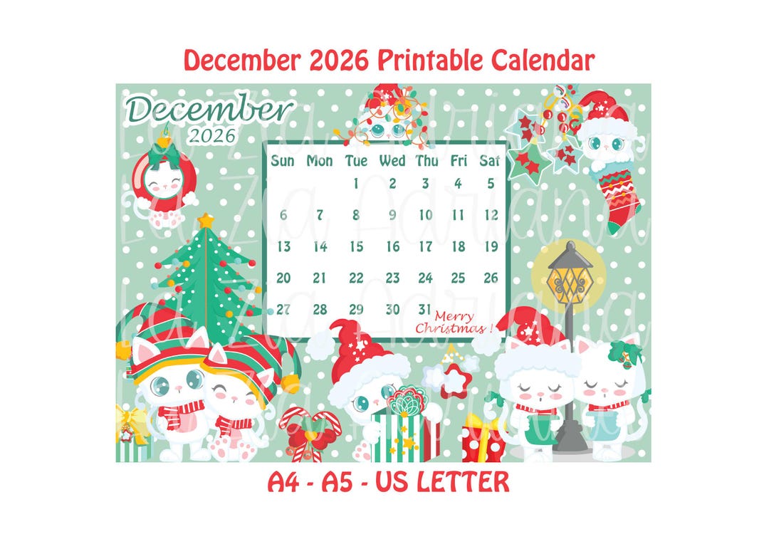 Calendar December 2026 - Printable - Cute Cartoon Christmas Santa Claus ...