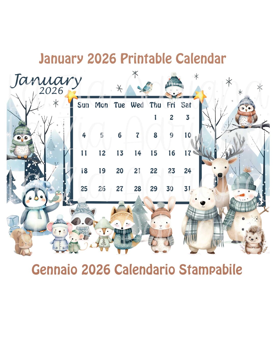 Calendar January 2026 - Editable and Printable - Cute Cartoon Woodland ...