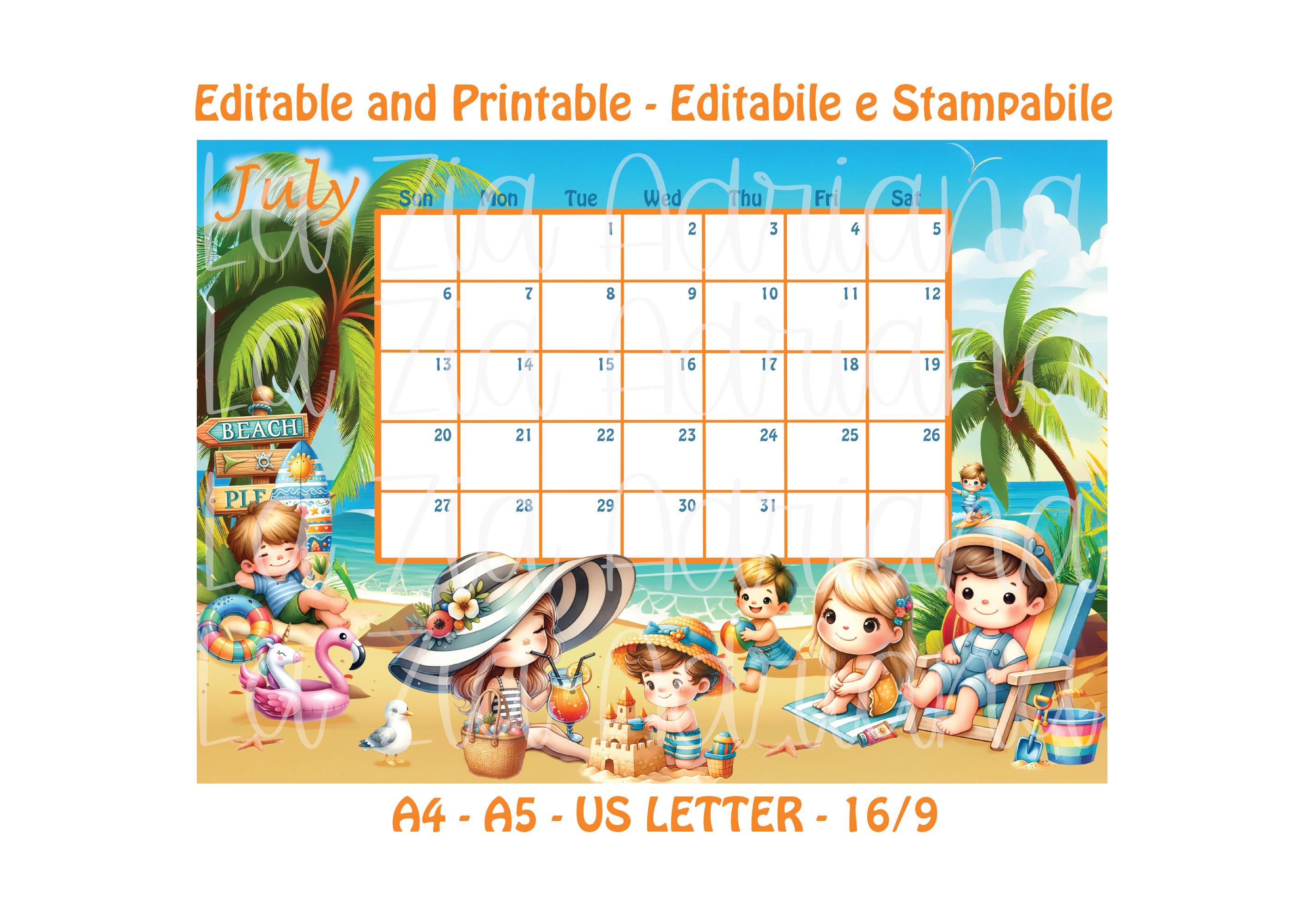 Calendar July 2025 - Editable and Printable - Cute Summer Beach Cartoon ...