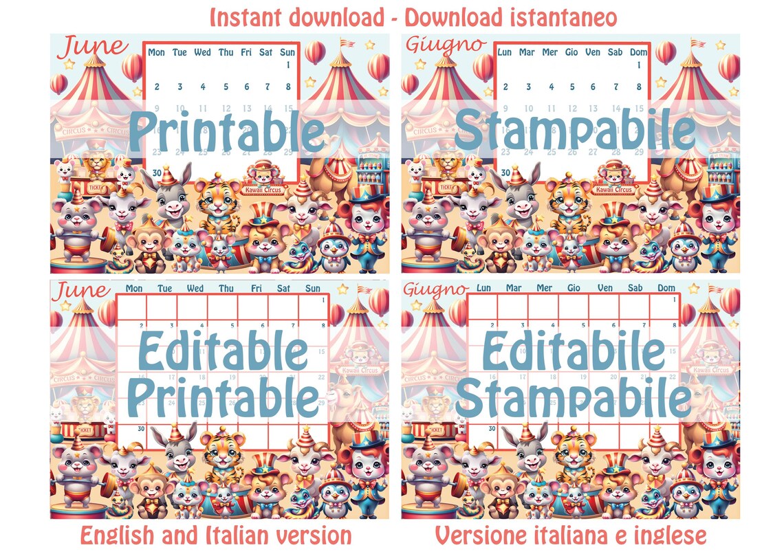 Calendar June 2025 - Editable and Printable - Cute Circus - English and ...