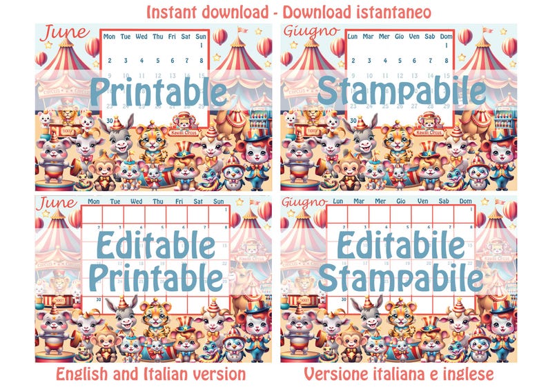 Calendar June 2025 - Editable and Printable - Cute Circus - English and ...