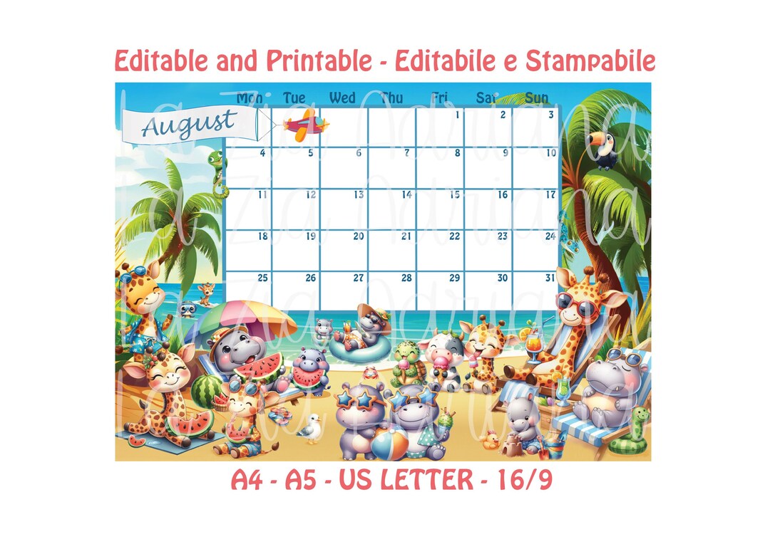 Calendar August 2025 Editable and Printable Cute Summer Giraffe and ...