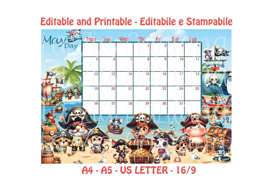 Calendar May 2025 Editable and Printable Cute Cartoon Pirates English ...