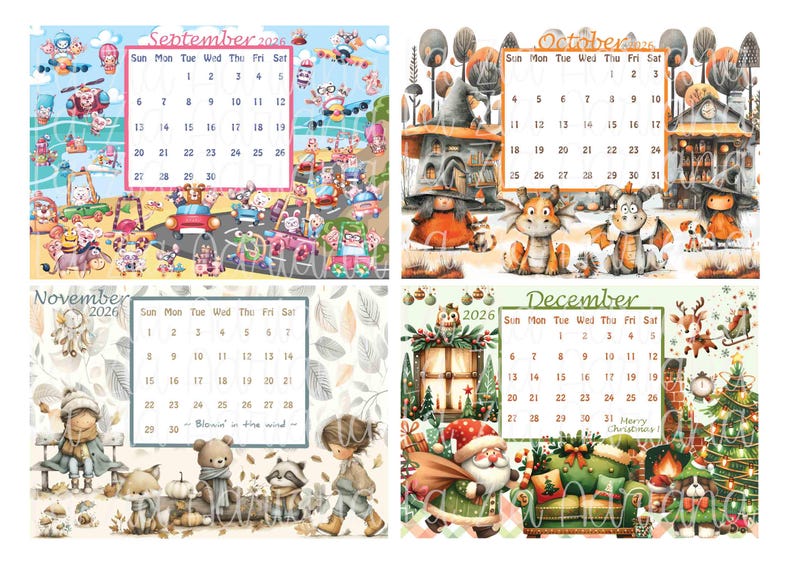 Calendar 2026 - Printable - Sunday Start - Cute Funny Cartoon Images ...