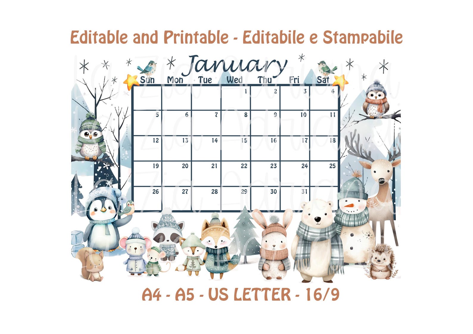Calendar January 2025 - Editable and Printable - Cute Cartoon Woodland ...