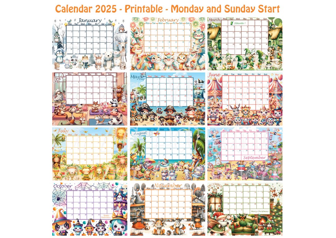 Calendar 2025 - Printable - Monday Start - Cute Funny Cartoon Images ...
