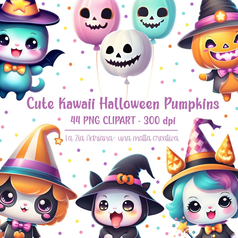 Halloween Pumpkins Clipart Cute Kawaii Clipart PNG Files Watercolor ...